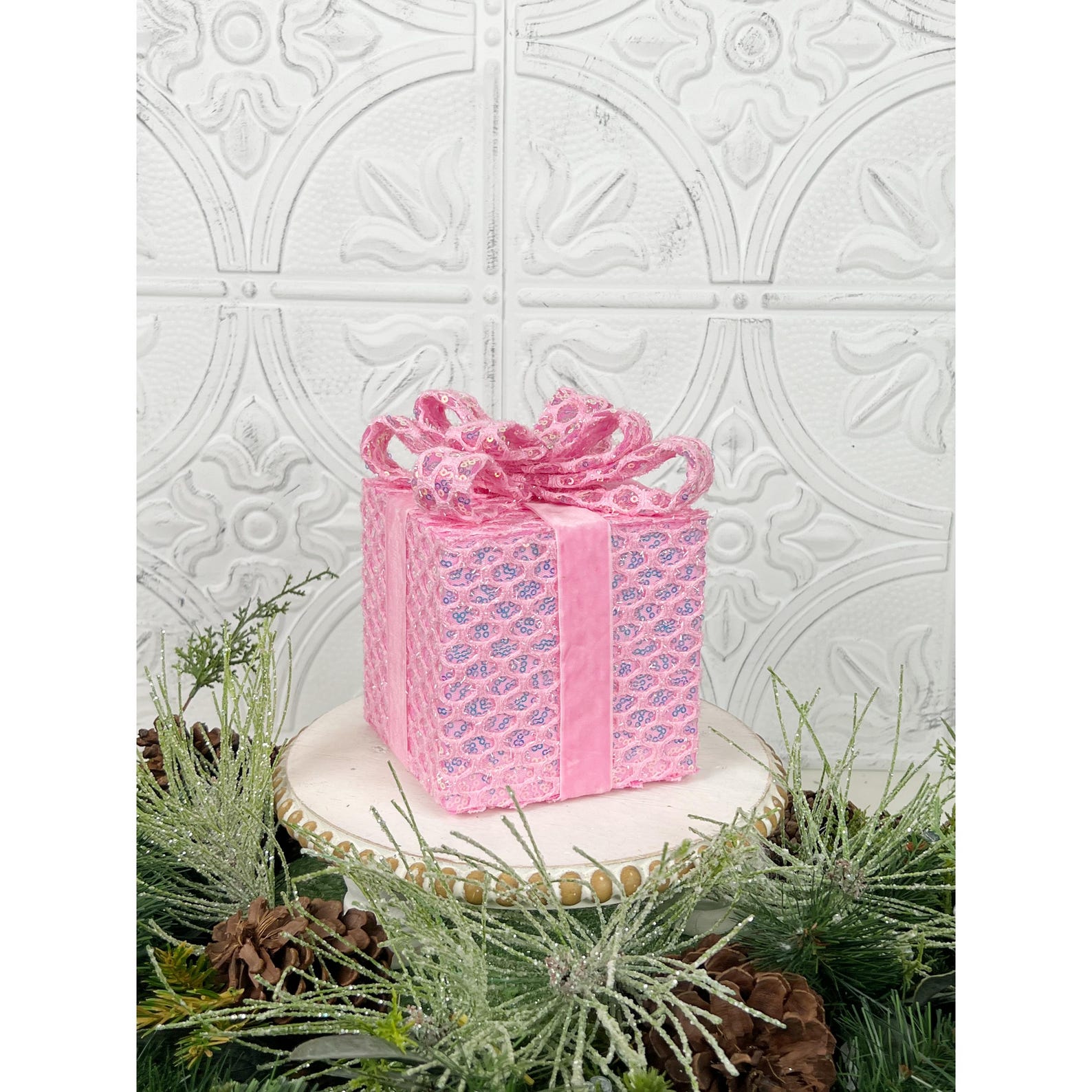 Sequined Faux Gift Box, Pink & Mint Christmas Wreath Attachment, Pastel ...