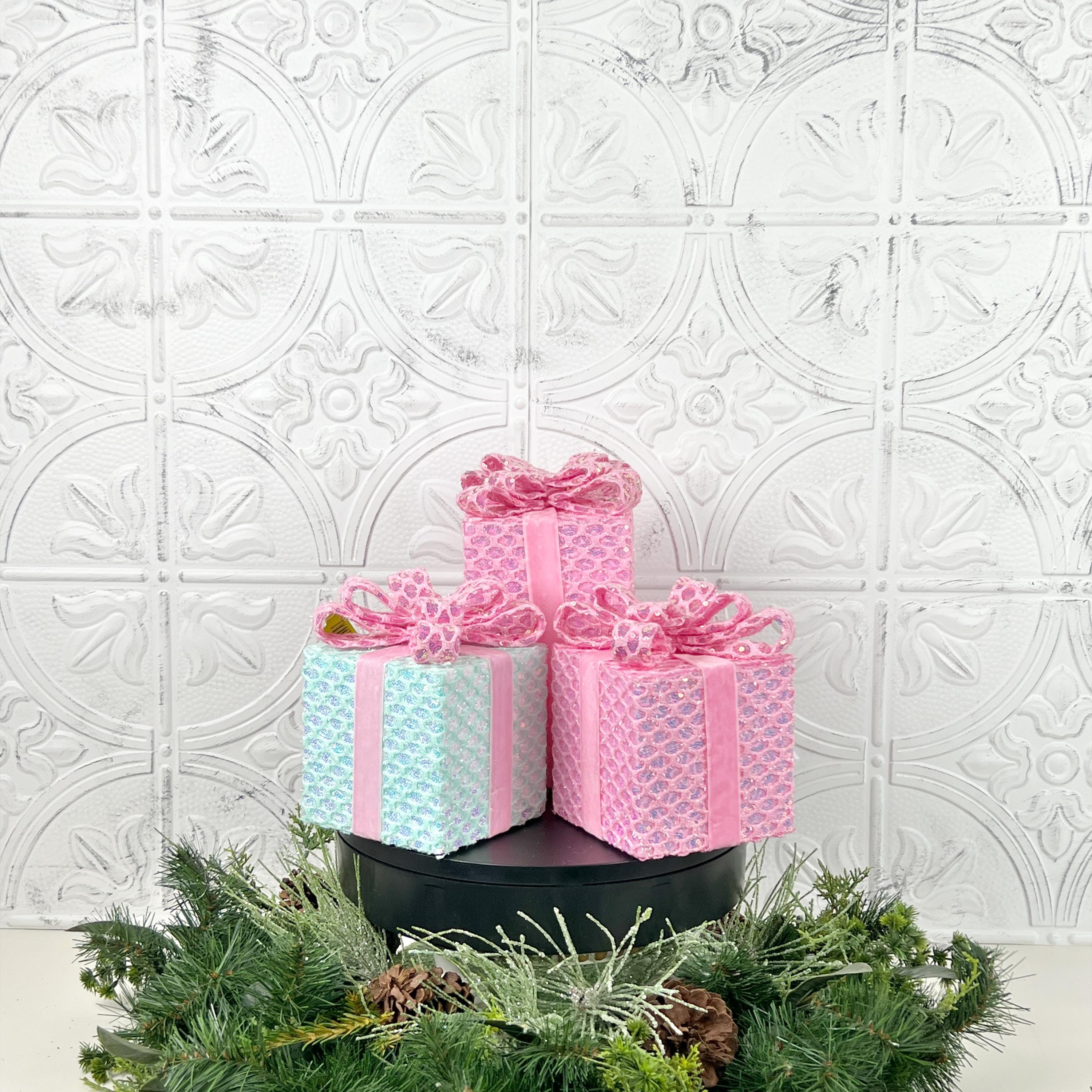 Sequined Faux Gift Box, Pink & Mint Christmas Wreath Attachment, Pastel ...