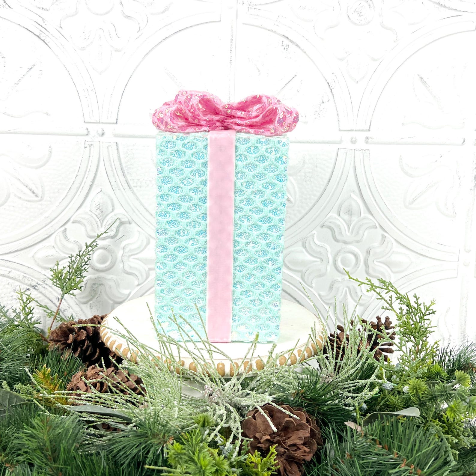 Sequined Faux Gift Box, Pink & Mint Christmas Wreath Attachment, Pastel ...