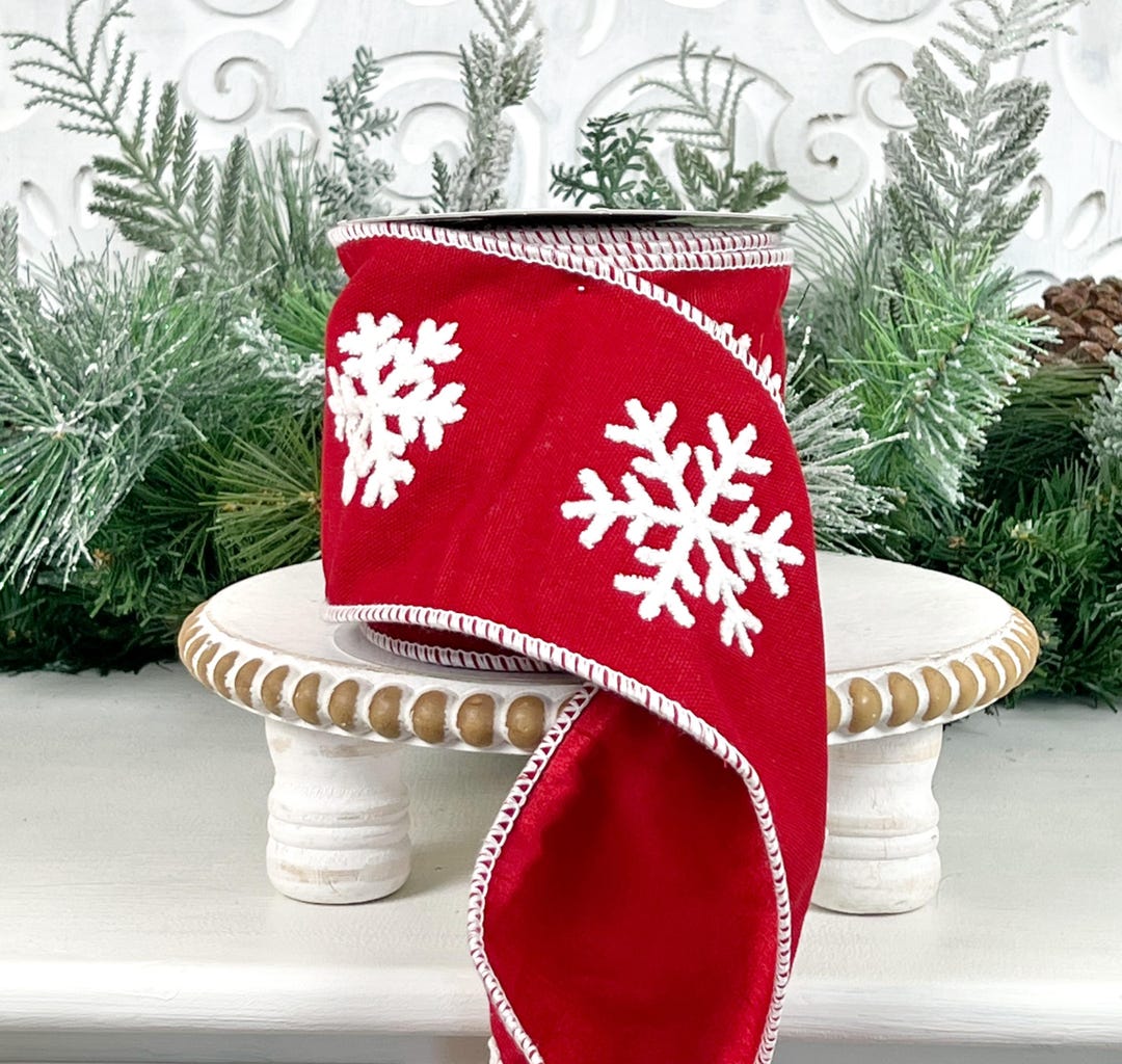 4" Red and White Embroidered Snowflake Ribbon, Regency Ribbon, Red and ...