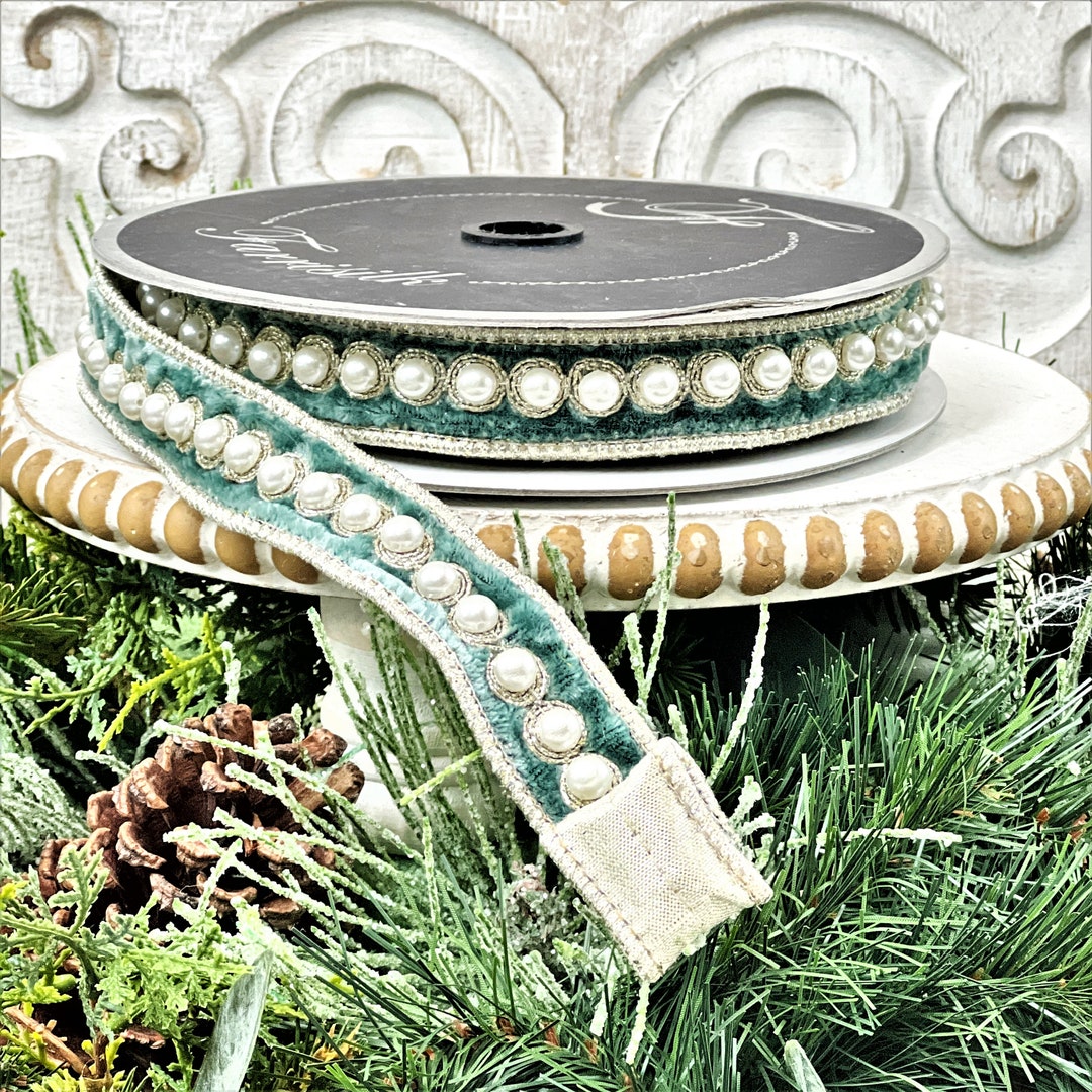 Jeweled Velvet Ribbon, Farrisilk Pearl Borders Ribbon, Celadon Velvet ...