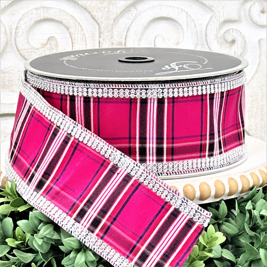 Pink Plaid Ribbon, Pink Tartan Ribbon, Rhinestone Ribbon, Pink Jeweled ...