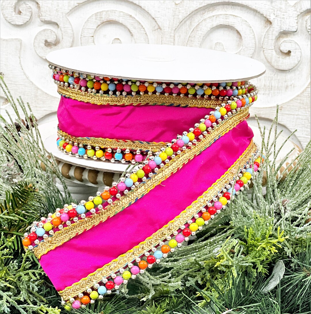 Fuchsia Ribbon, Hot Pink Beaded Ribbon, Beaded Ribbon, Jeweled Ribbon ...