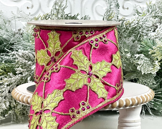D Stevens Hot Pink and Apple Green Jeweled Holly Ribbon, Hot Pink Holly ...