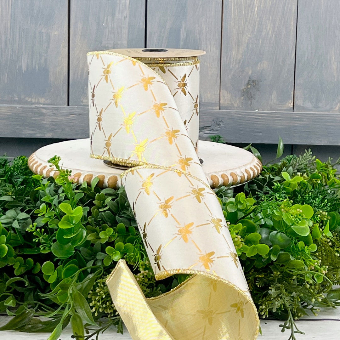 White and Gold French Bee Ribbon, D Stevens Bee Ribbon, White Taffeta ...