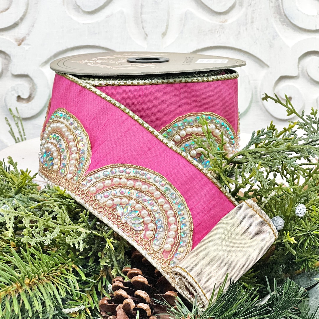 Pink Jeweled Ribbon, Pearl Trim Ribbon, Pink Jewel Trim Ribbon, Pink ...