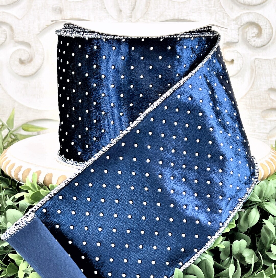 Blue and Silver Velvet Ribbon, Dark Blue Velvet Ribbon, Silver Polka ...