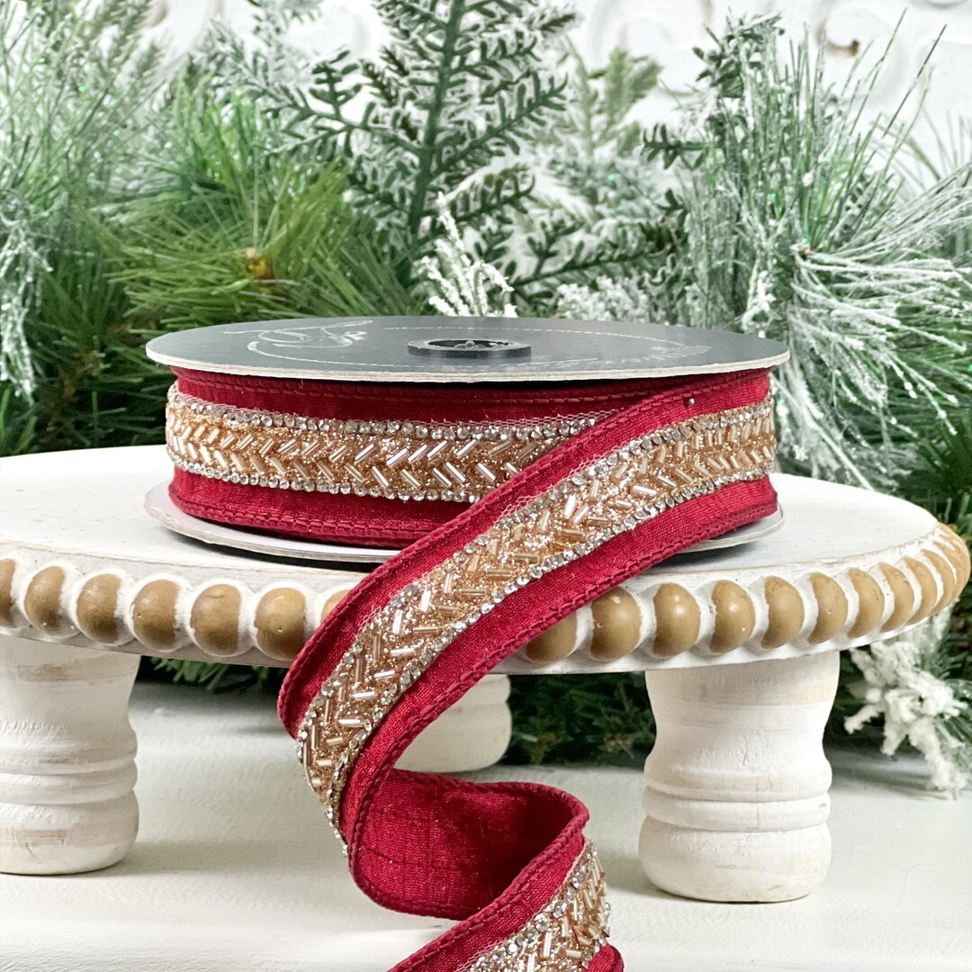 Red Jeweled Ribbon, Farrisilk Burgundy Jeweled Ribbon With Gold Accents ...