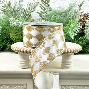Glittered Harlequin Ribbon, Gold and White Jester Ribbon, Glitter ...