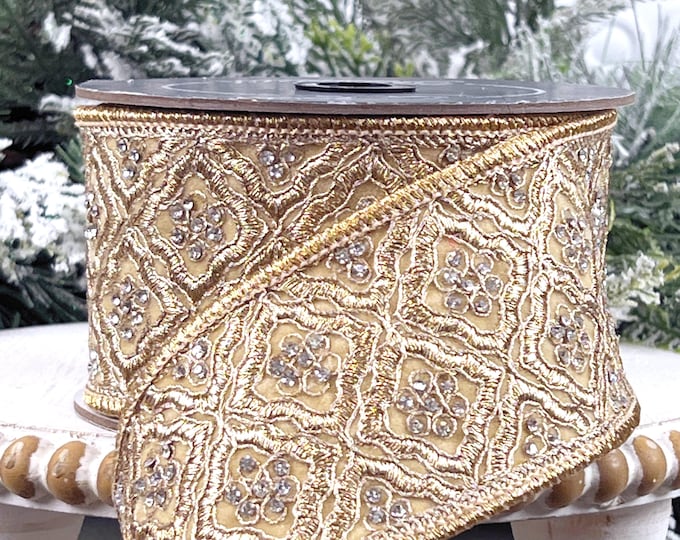 Gold Embroidered Tapestry Ribbon With Rhinestones: Farrisilk Heirloom ...