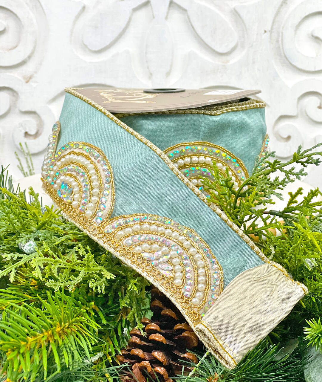 Aqua Jeweled Ribbon, Pearl Trim Ribbon, Aqua Easter Ribbon, Aqua Spring ...