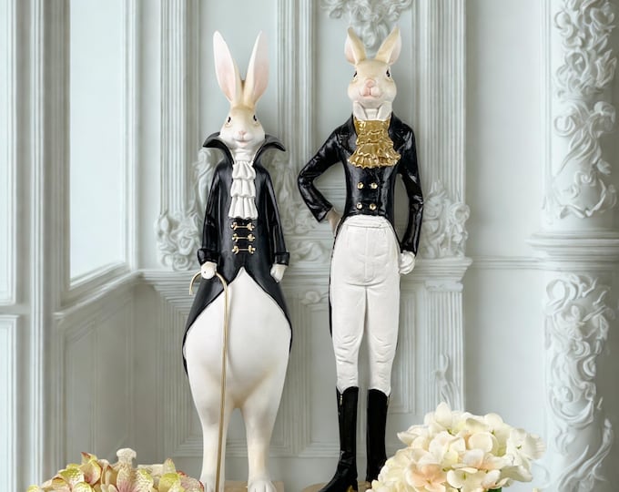 15.5" Elegant Easter Rabbit Figurines, Black White Gold Resin Rabbits ...