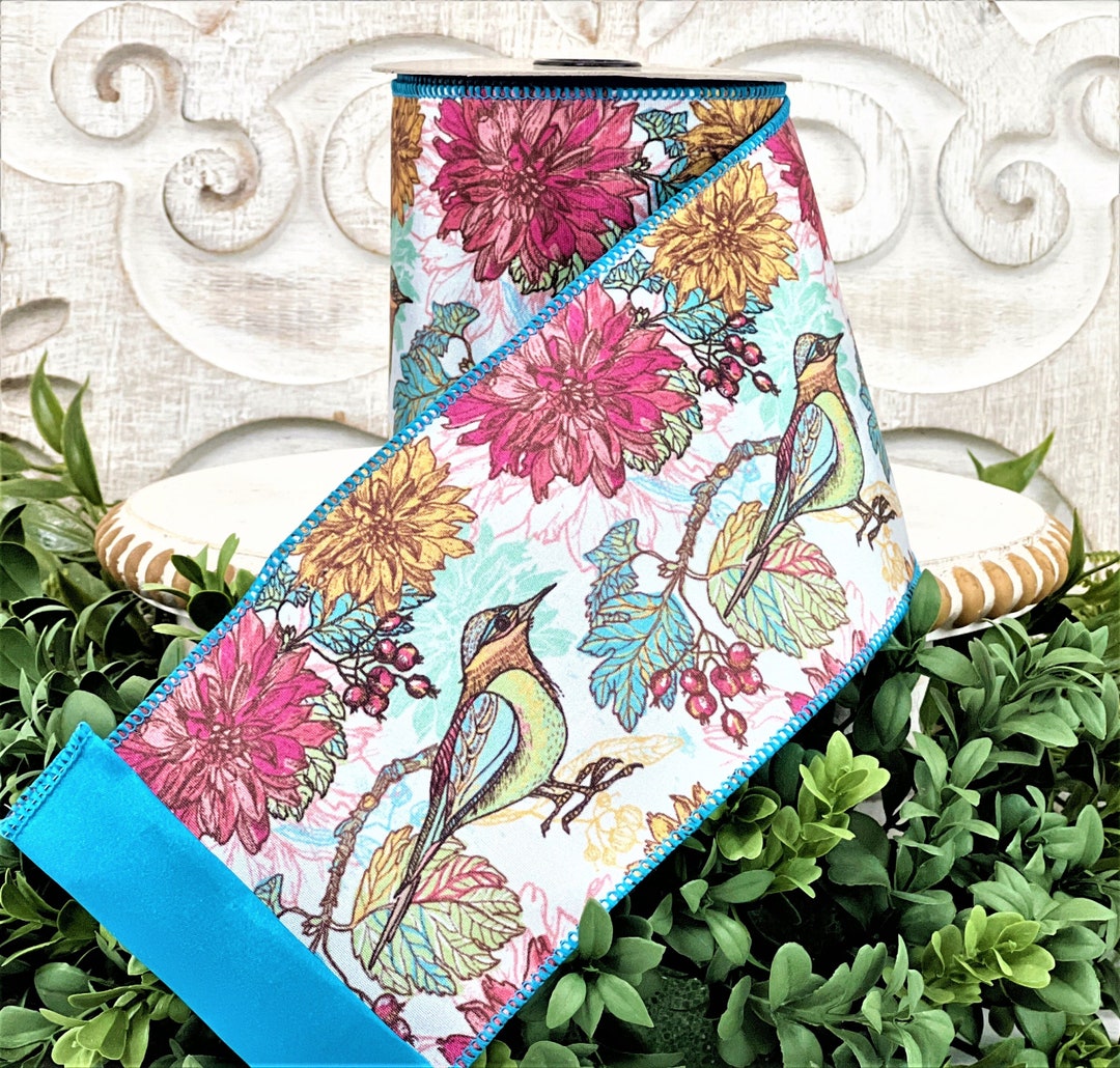 Blue Floral Ribbon, Fall Floral Ribbon, Teal Fall Ribbon, Blue Ribbon ...