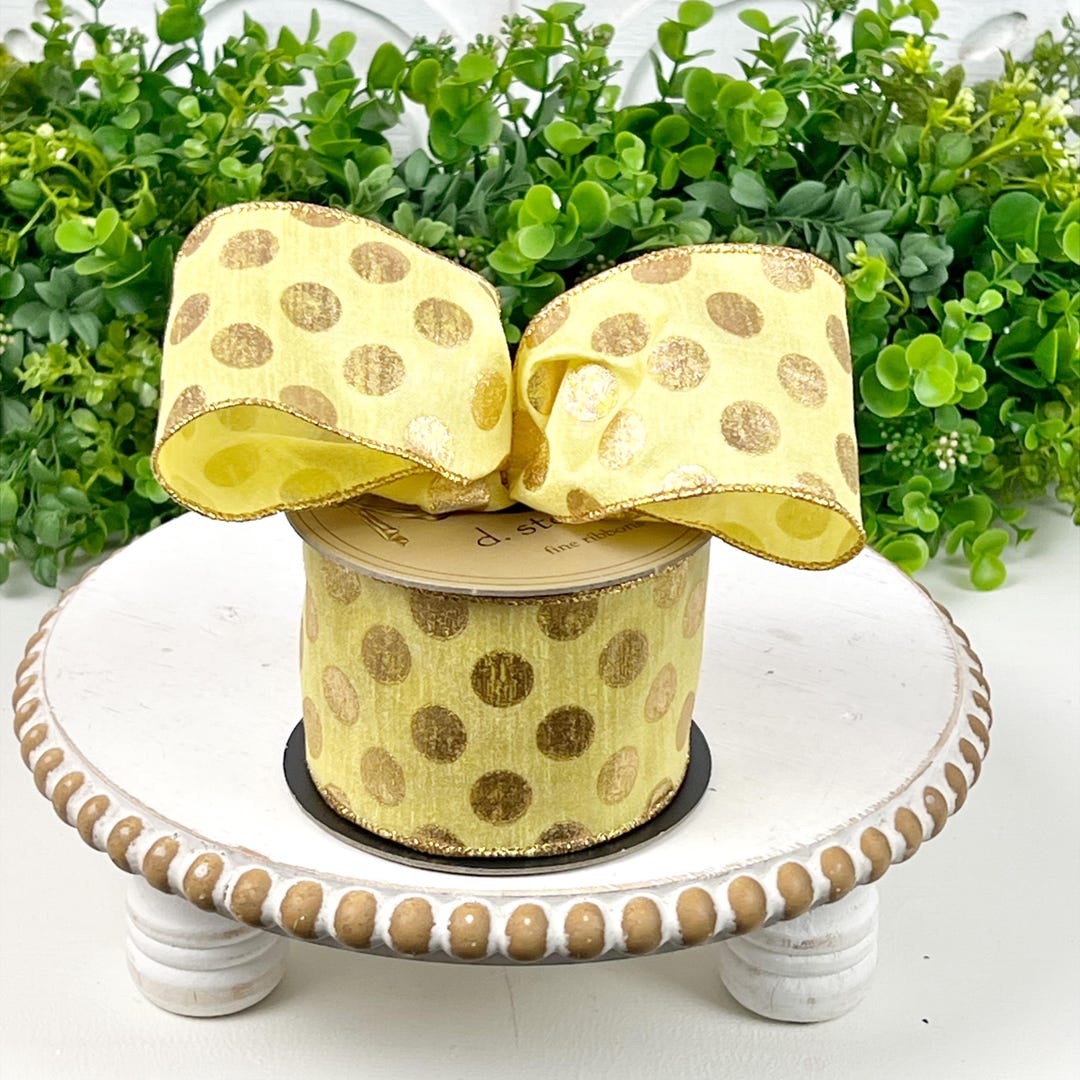 D. Stevens Gold Polka Dot Ribbon – Light Yellow, Wired Metallic Spring ...