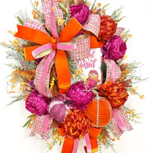 XL Fall Wreath With Jeweled Pumpkins and Designer Ribbon, Pink and ...