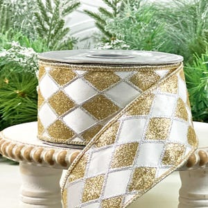 Glittered Harlequin Ribbon, Gold and White Jester Ribbon, Glitter ...