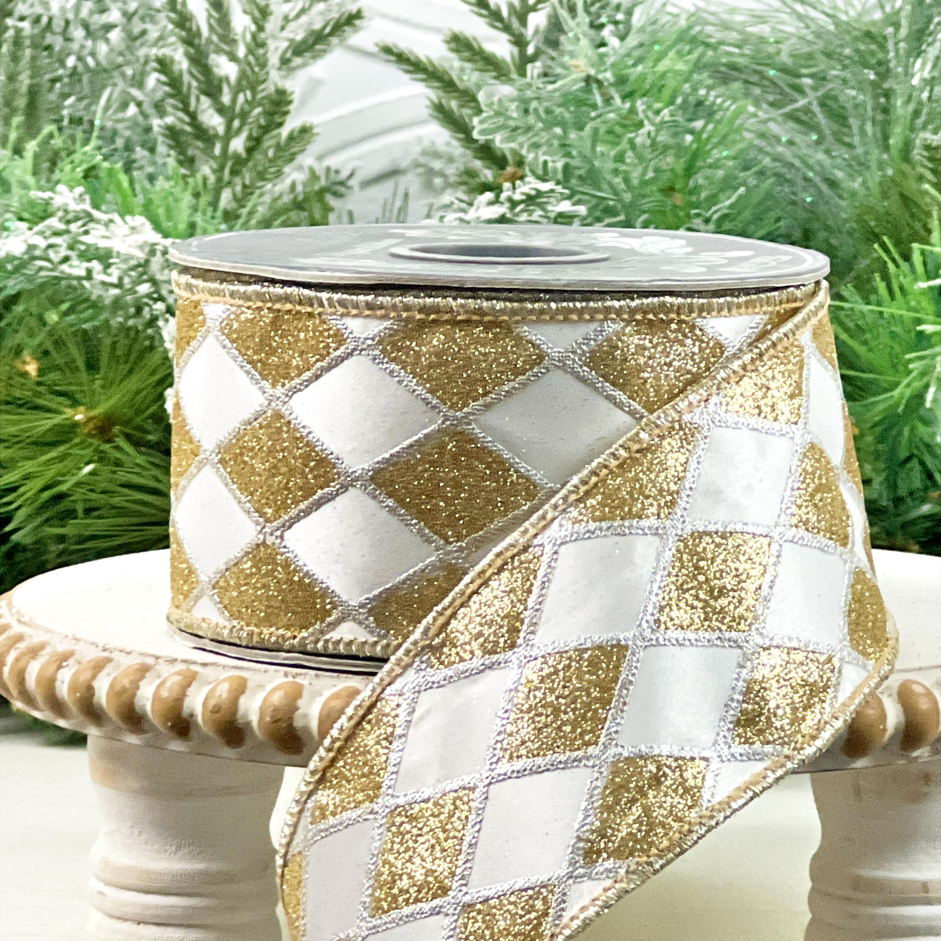 Gold & White Glitter Harlequin Ribbon, Jester Diamond Design, Elegant ...