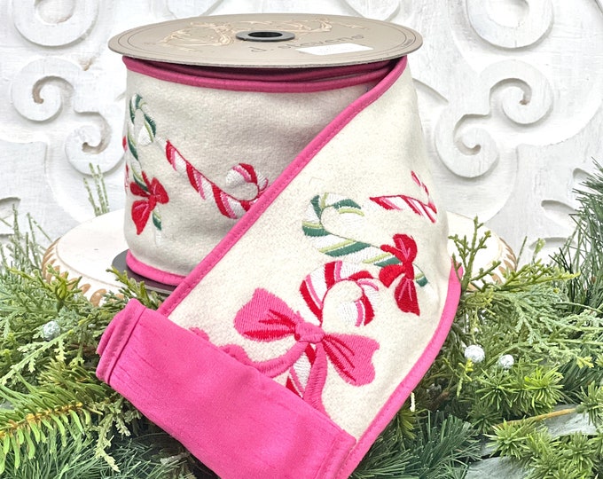 Candy Cane Ribbon, Pink and White Candy Cane Ribbon, Embroidered Wool ...