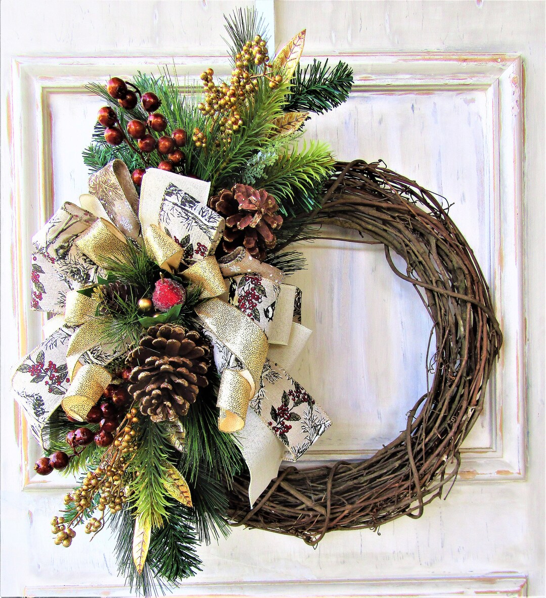 Winter Holiday Wreath, Rustic Winter Wreath, Front Porch Decor ...