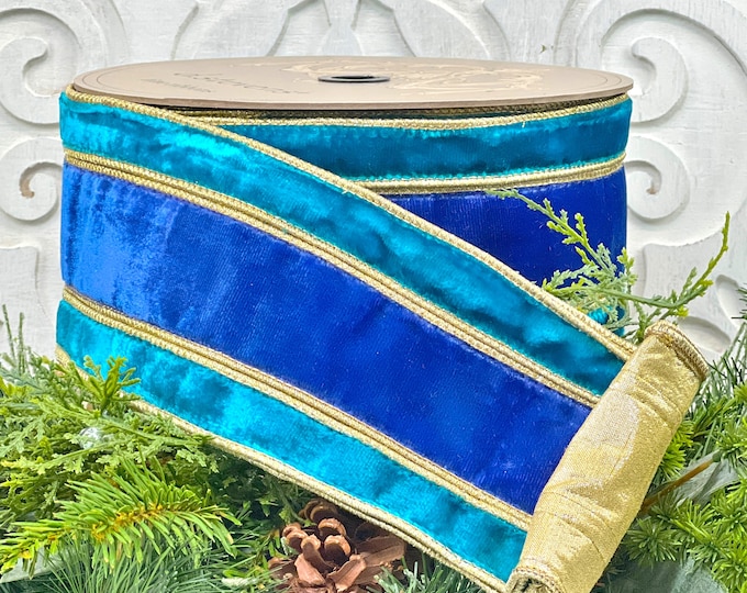 Royal Blue and Teal Velvet Ribbon, Blue Velvet Ribbon, Wired Blue ...