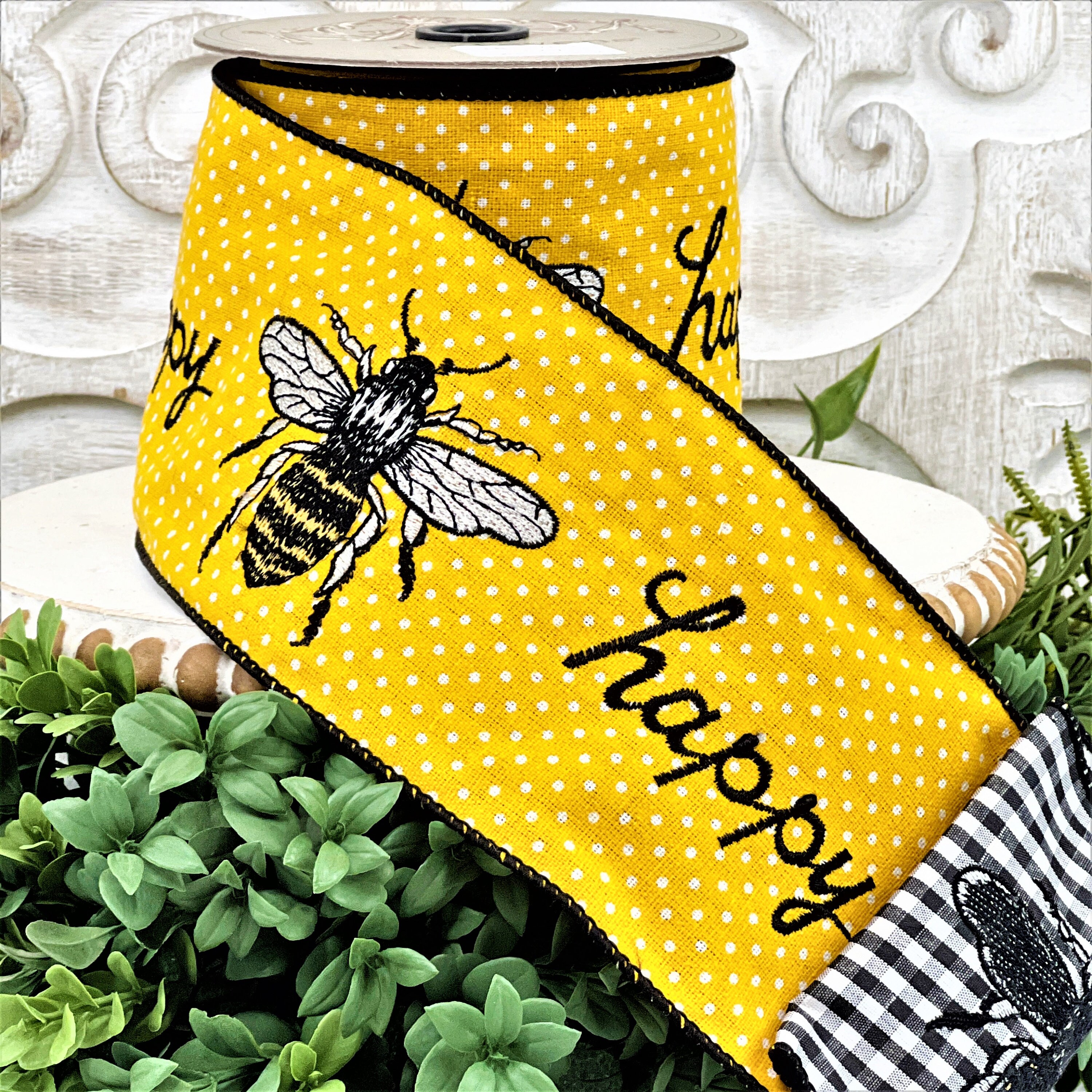 Embroidered Bee Ribbon: Yellow Polka Dot Wired Spring Decor - Etsy