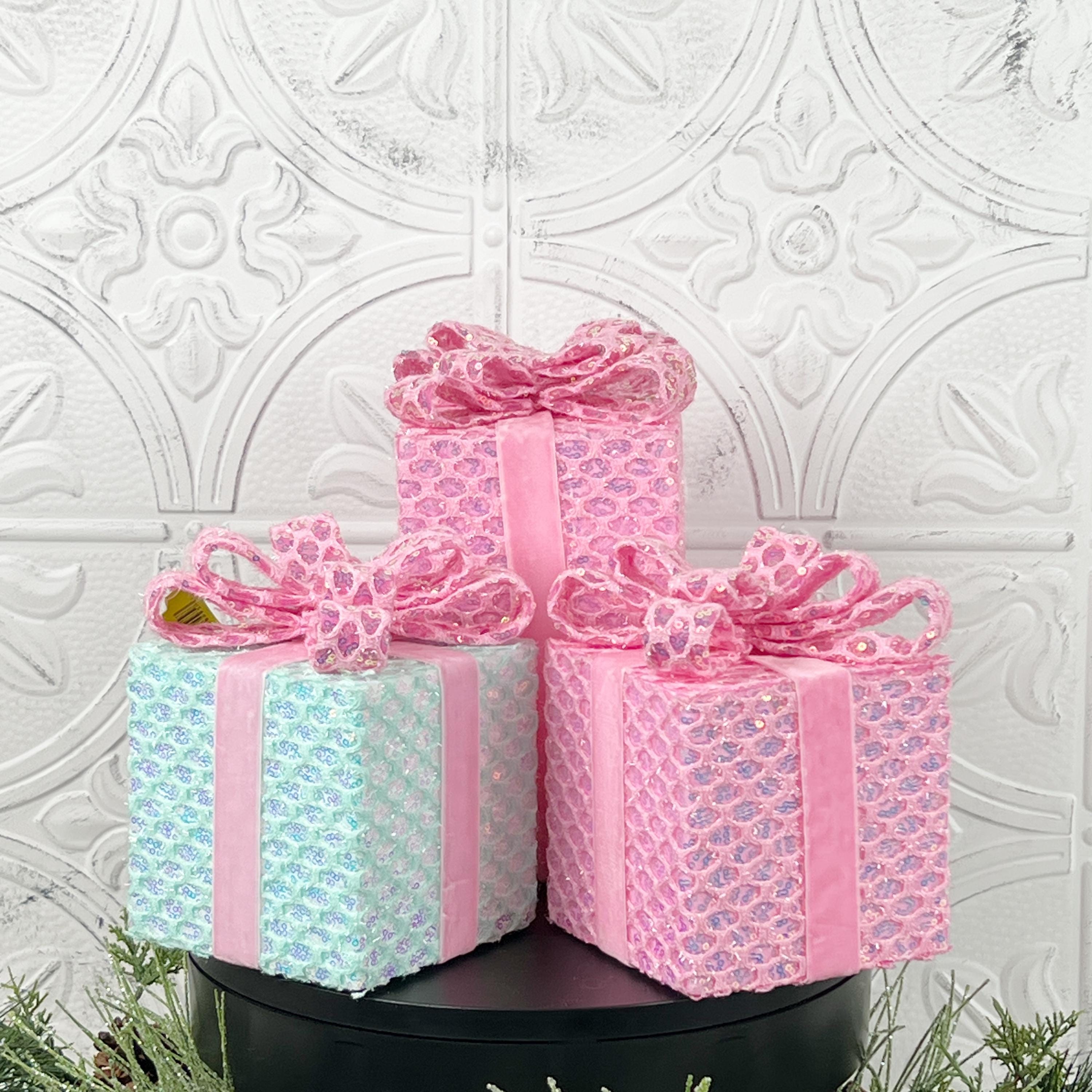 Sequined Faux Gift Box, Pink & Mint Christmas Wreath Attachment, Pastel ...