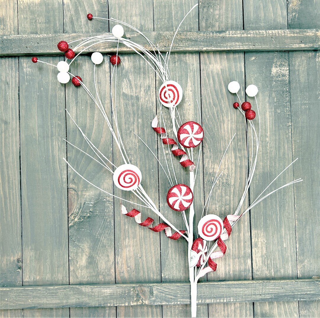 30 Glitter Peppermint Curly Spray Red and White Candy Pick - Etsy