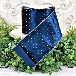 Blue and Silver Velvet Ribbon, Dark Blue Velvet Ribbon, Silver Polka ...