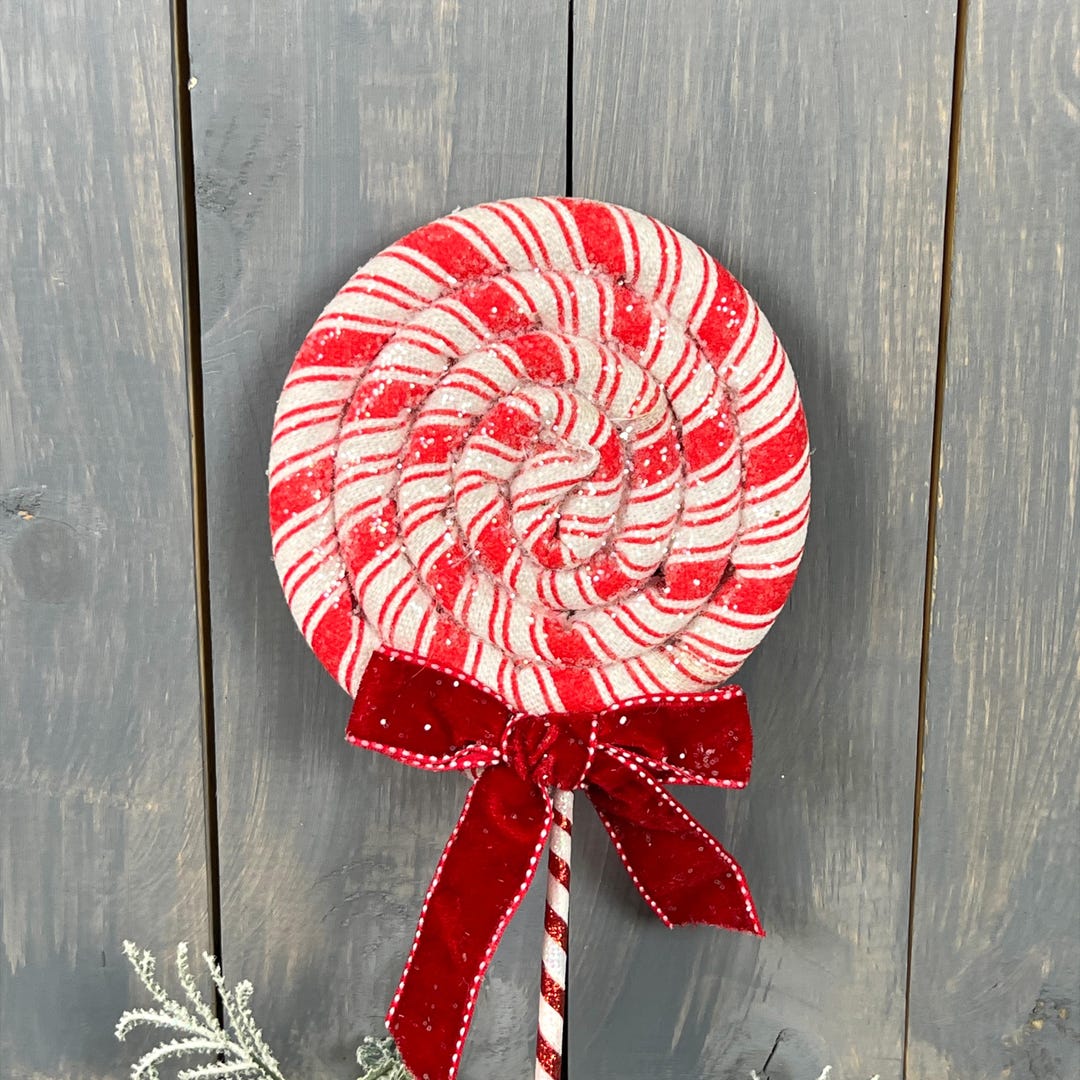 12 Glittered Peppermint Lollipop Pick With Red Velvet Bow Festive ...