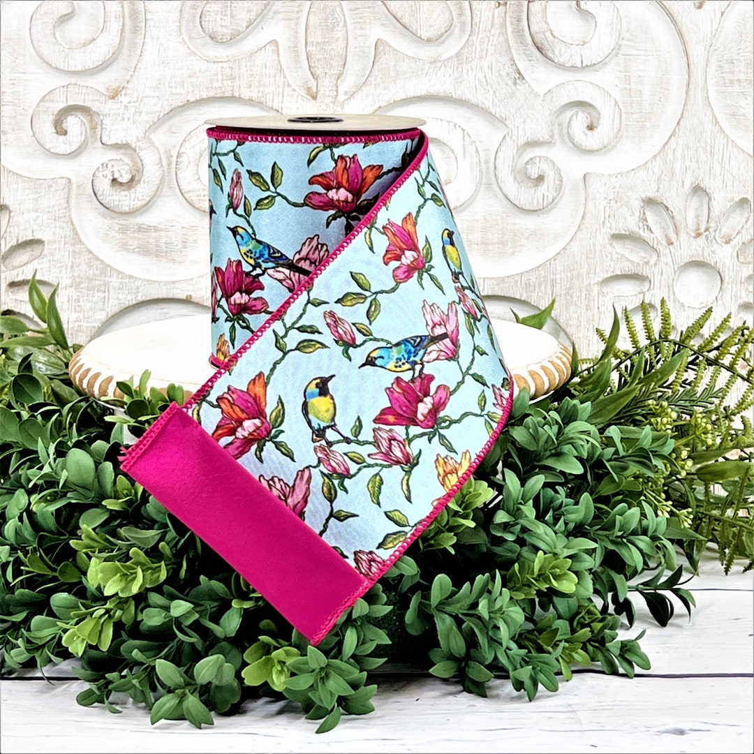 Blue Floral Ribbon, Pink and Blue Taffeta Ribbon, Two Sided Floral ...