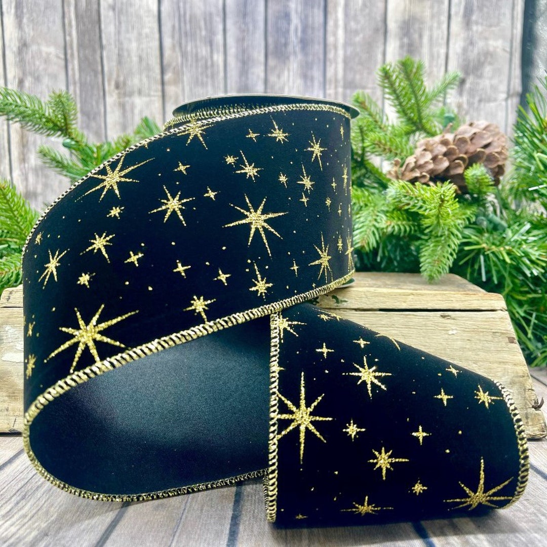 Black and Gold Glitter Stars Ribbon Black Velvet Ribbon With - Etsy