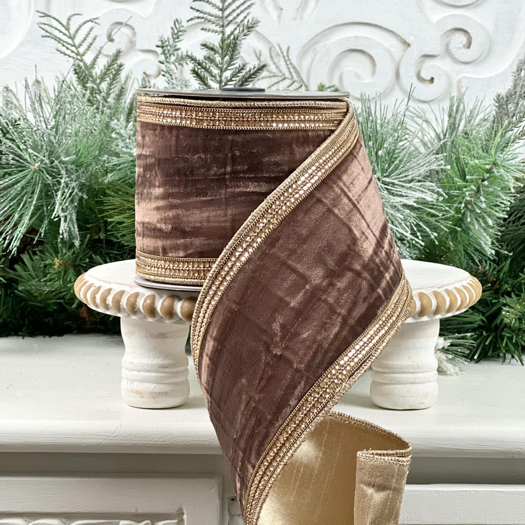 Farrisilk Pecan Velvet Ribbon – Distressed Diamond Jeweled Wired Ribbon ...