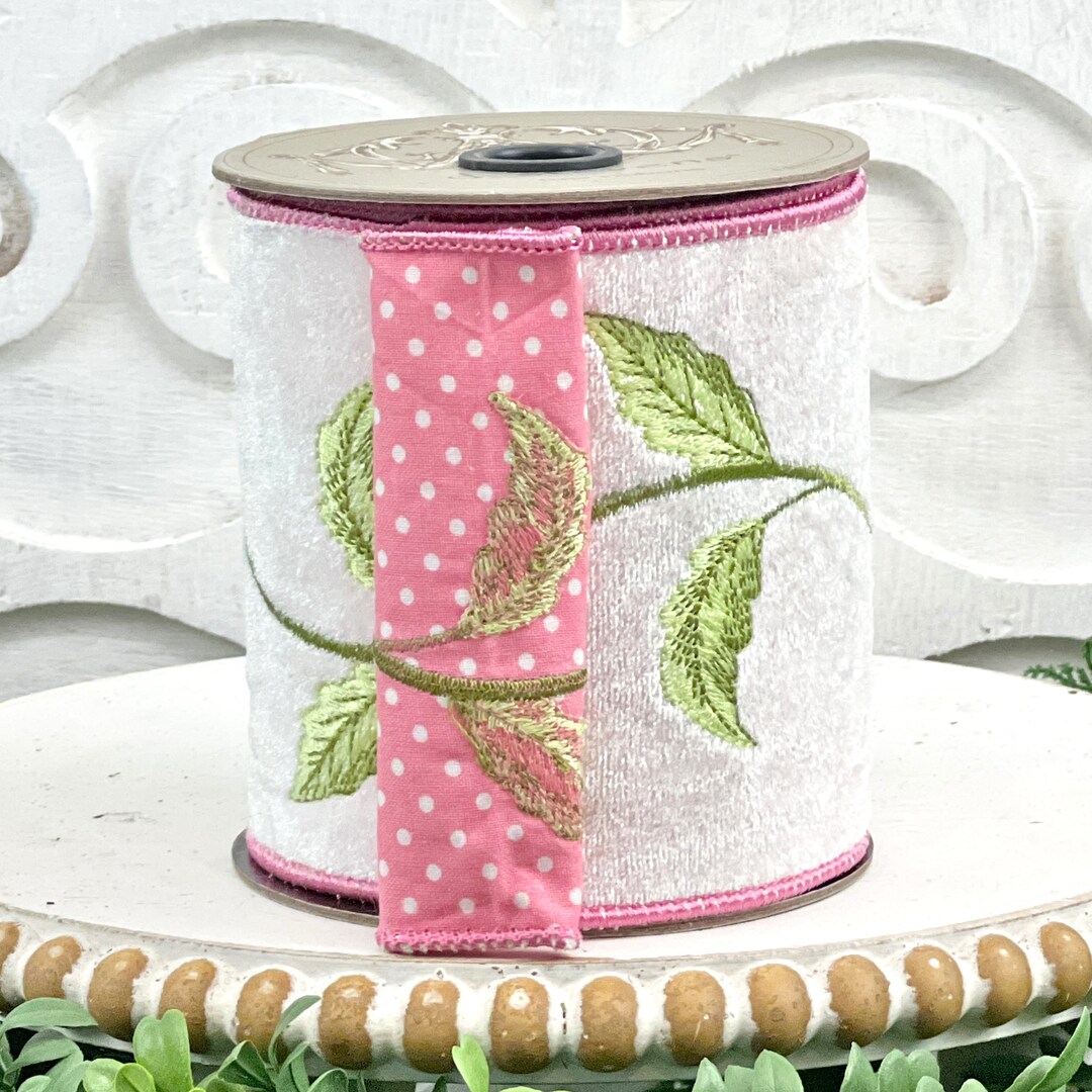 Pink & Green Embroidered Ribbon, Embroidered Floral Ribbon, Pink Polka ...