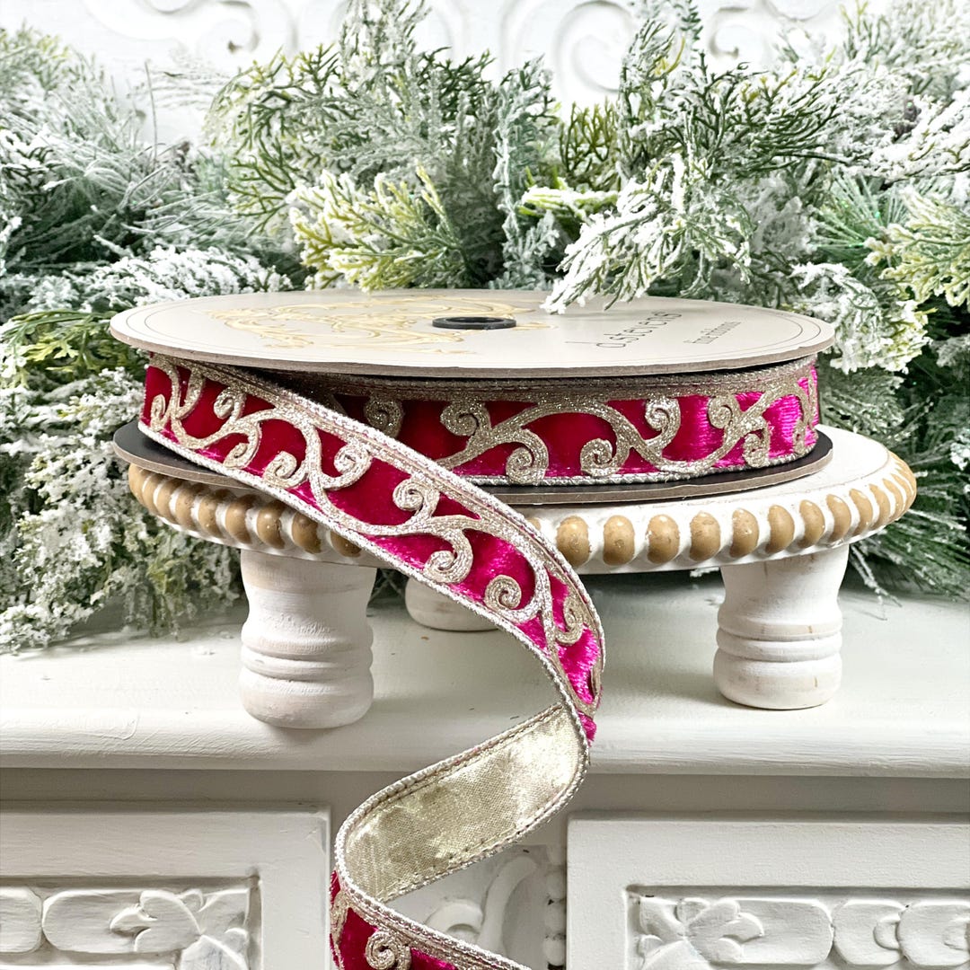 1 Hot Pink Velvet Ribbon With Platinum Glitter Scroll Trim Elegant ...