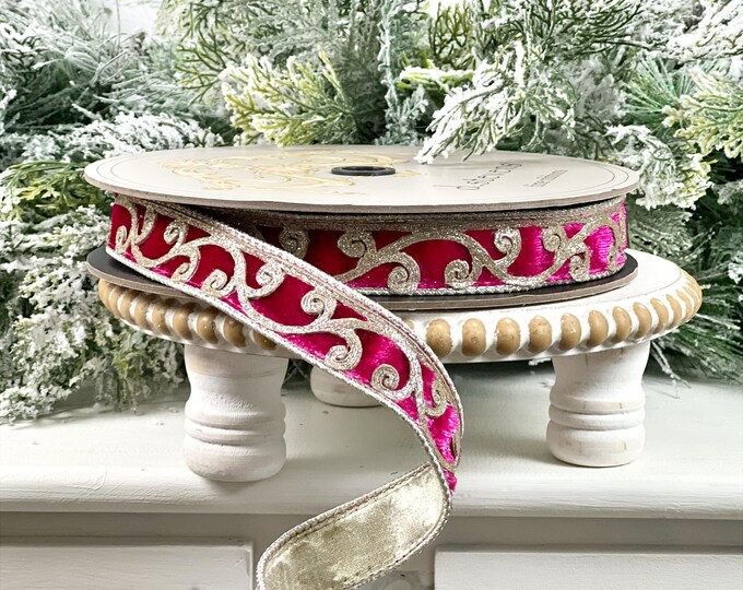 1" Hot Pink Velvet Ribbon With Platinum Glitter Scroll Trim - Elegant ...