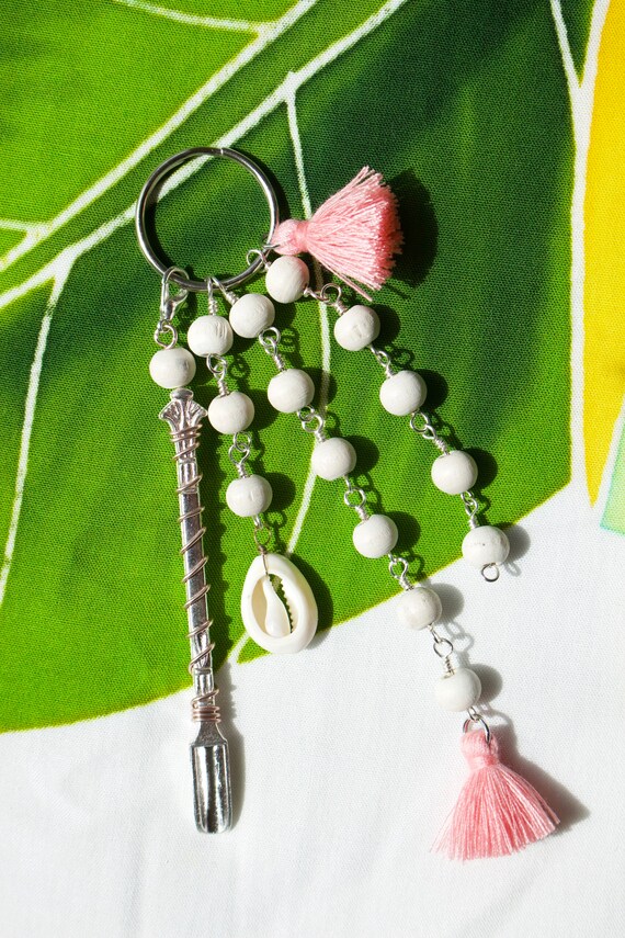 Wooden bead keychain with pink tassels seashell and mini | Etsy