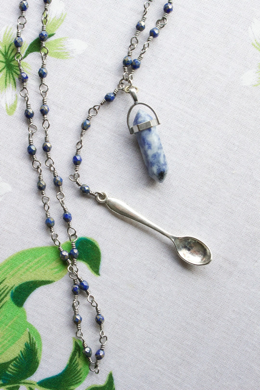 Blue Rosemary Chain Mini Spoon Pendant Necklace With Blue Cristal ...