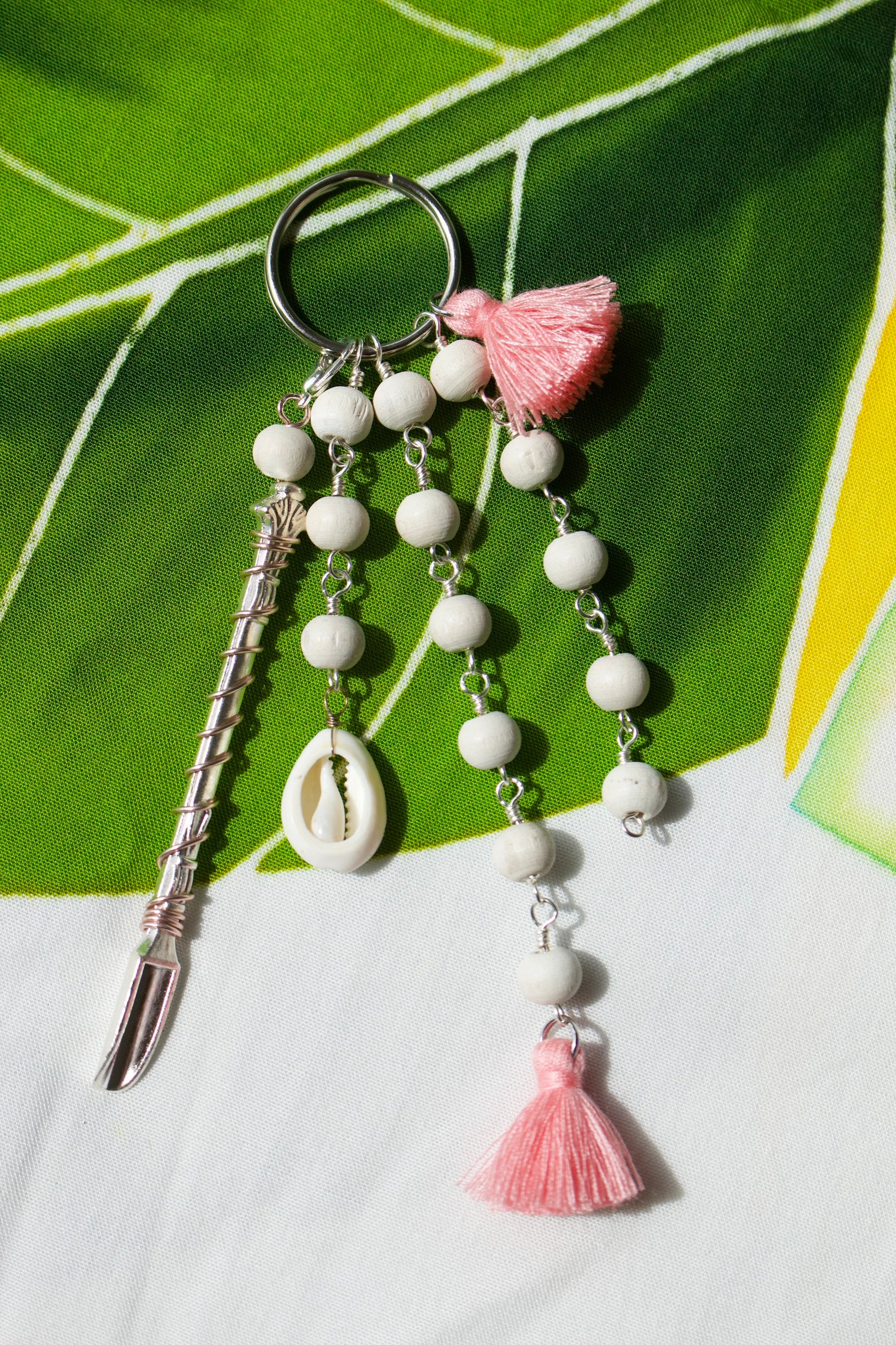 Wooden Bead Keychain With Pink Tassels, Seashell, and Mini Spoon ...