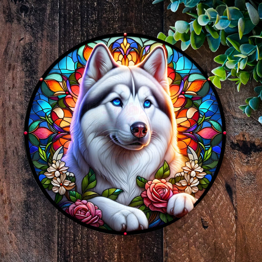 Husky Sign, Metal Dog Plaque, Wreath Signs, Faux Stained Glass, Front ...