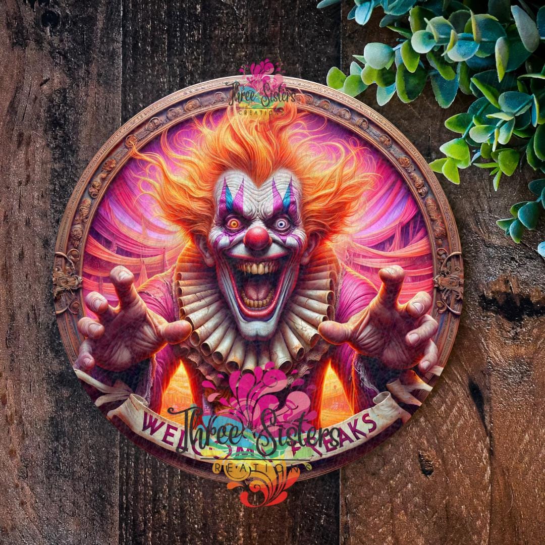 Circus Carnival Creepy Clown Welcome Sign, Halloween Wreath Attachment ...