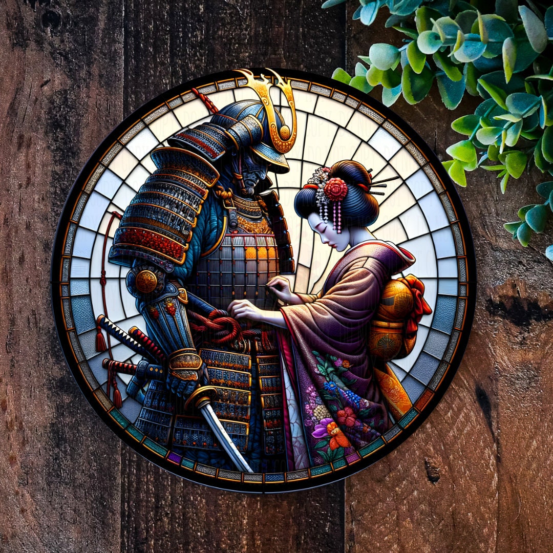 Samurai Warrior and Geisha Sign, FAUX Stained Glass Garden Art ...