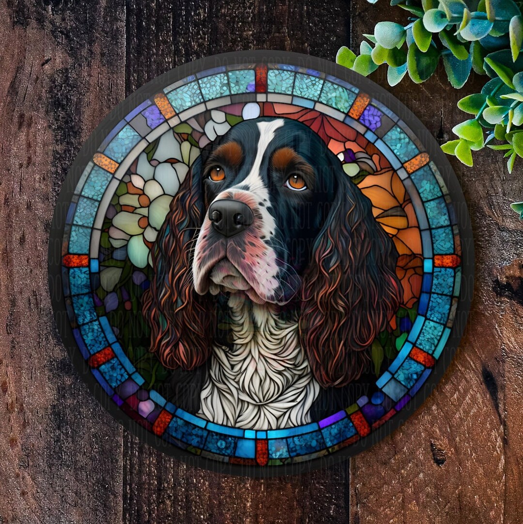 Spaniel Sign, Metal Dog Plaque, Wreath Signs, Faux Stained Glass, Front ...