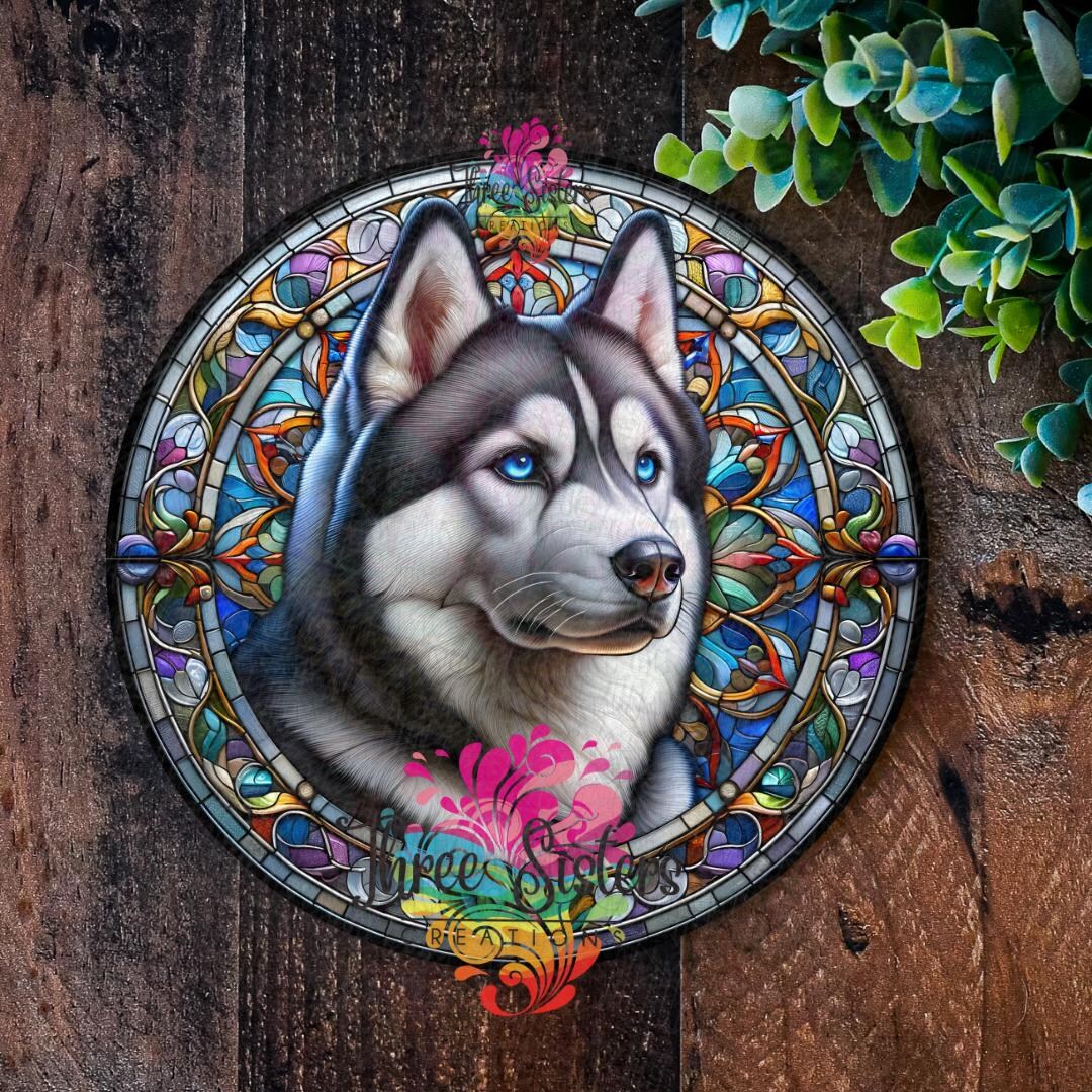 Husky Sign, Metal Dog Plaque, Dog Portrait, Wreath Signs, Faux Stained ...