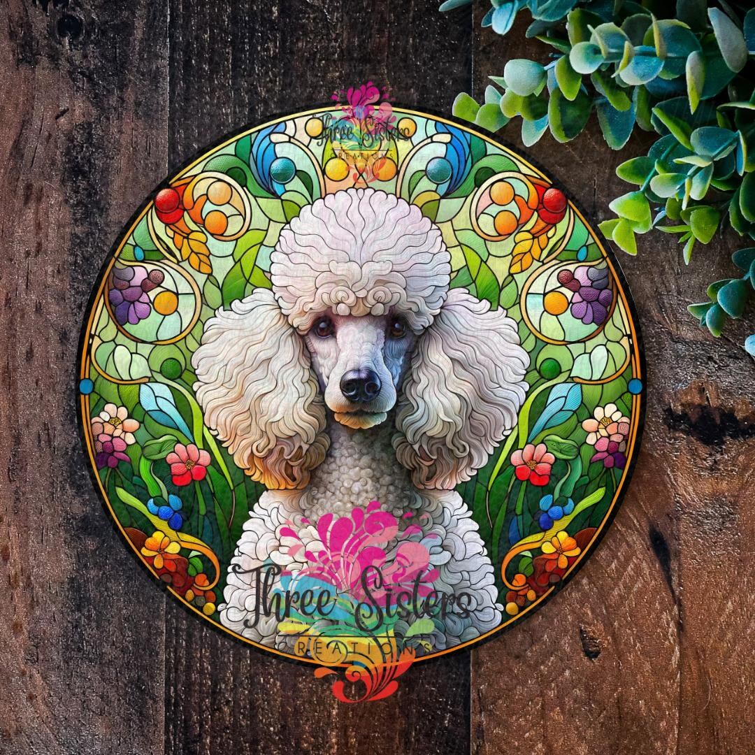 White Poodle Dog Sign, Faux Stained Glass Metal Dog Plaque, Poodle ...