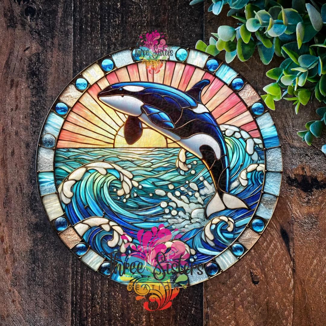Orca Whale Faux Stained Glass Metal Wall Art - Round Ocean-themed Décor ...