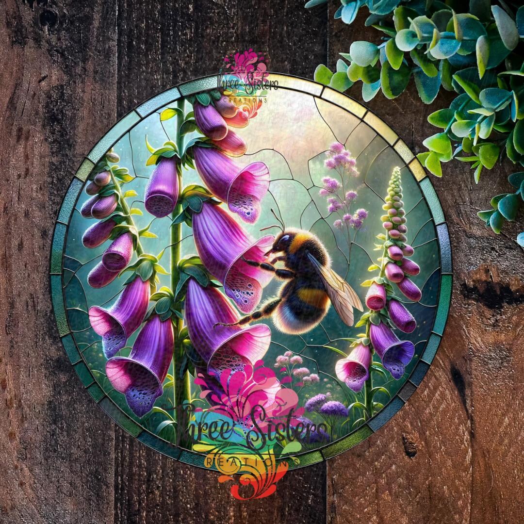 Bee and Foxgloves Faux Stained Glass Metal Sign, Honey Bee Garden ...