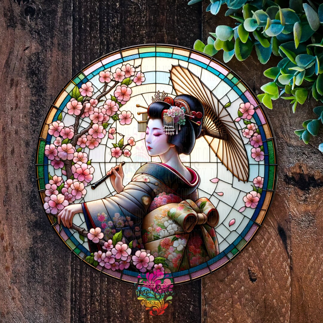 Geisha Sign, FAUX Stained Glass Garden Art, Cherry Blossom Japanese ...
