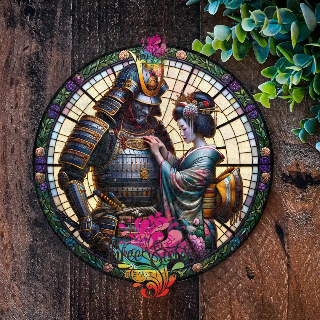Japanese Samurai and Geisha Sign, Faux Stained Glass Metal Garden Wall ...