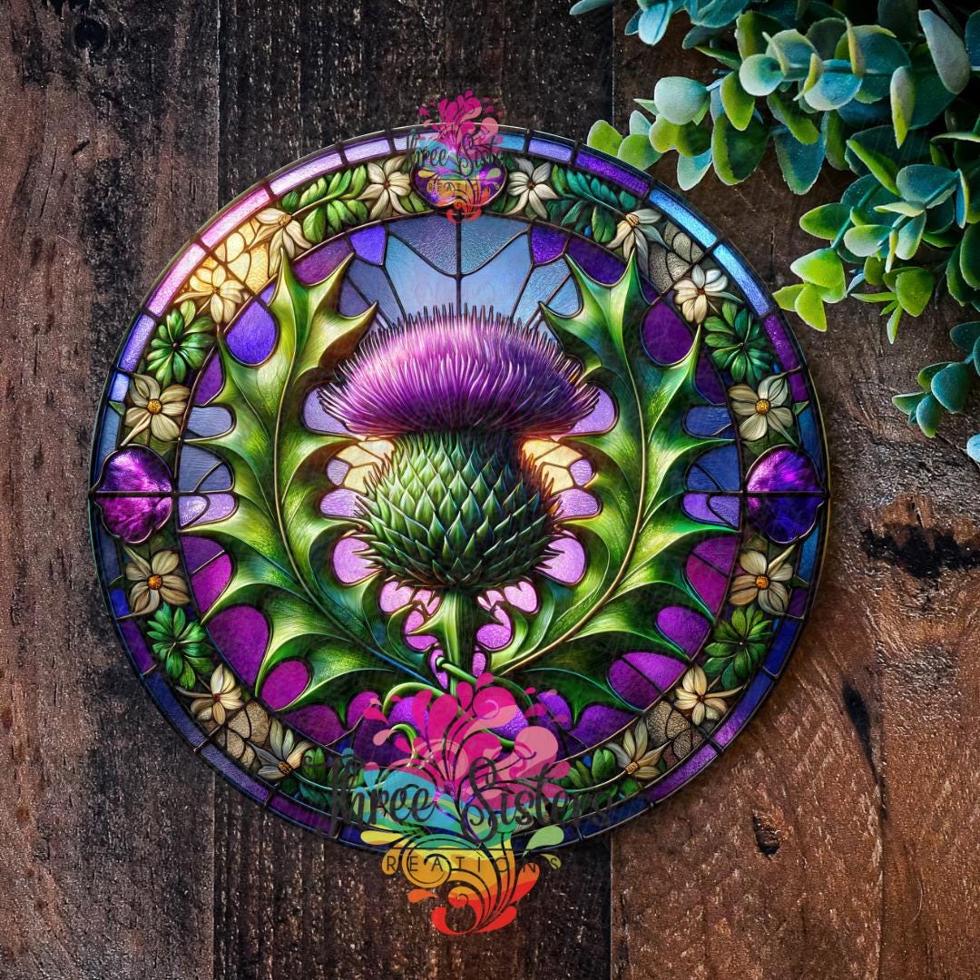 Thistle Sign: Faux Stained Glass Scottish Metal Wall Art, Garden Décor ...