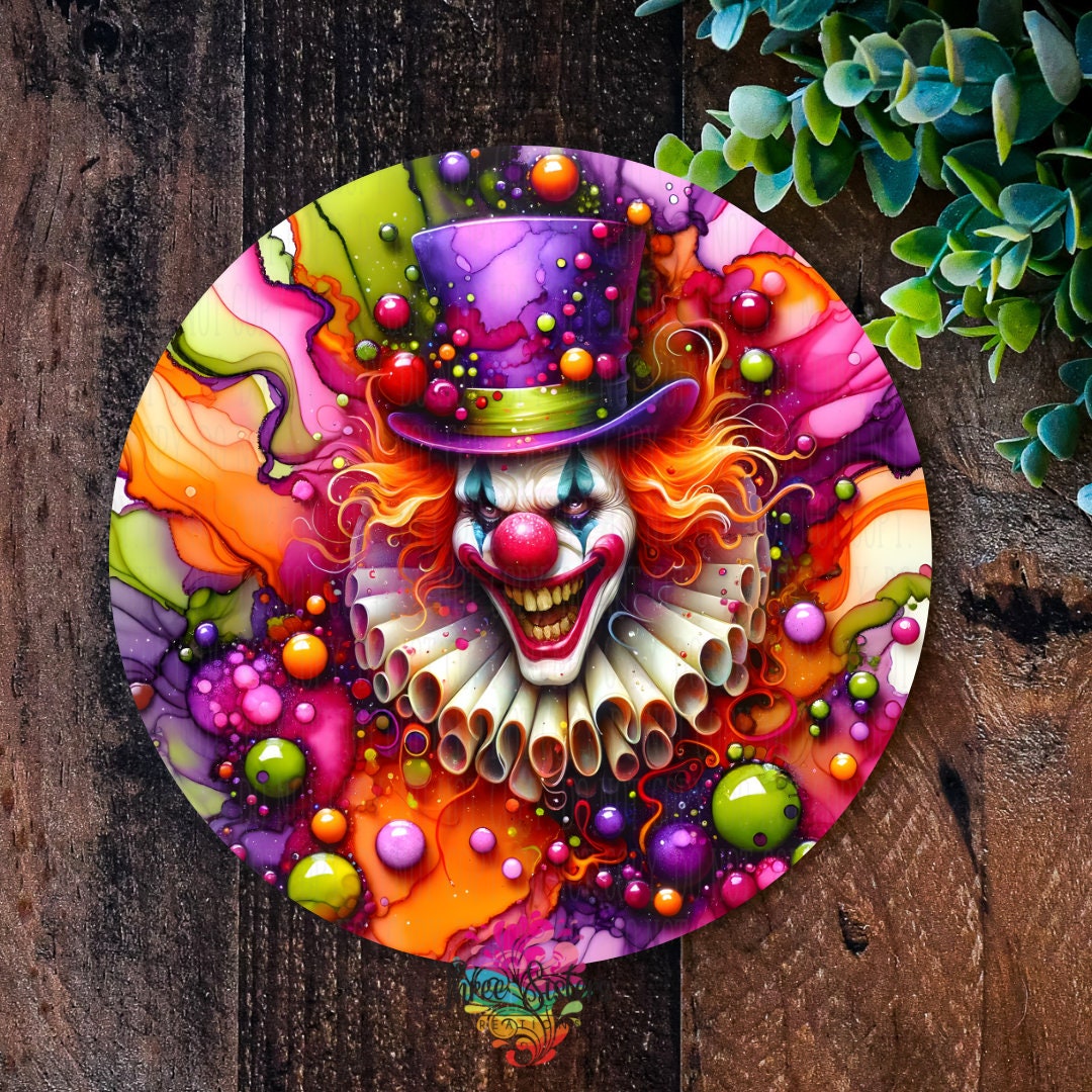 Creepy Circus Clown Sign, Eerie Carnival Wall Art, Round Psychedelic ...